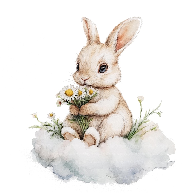 7 Cute Bunny Clipart, Nursery Clouds Clipart, Printable Watercolor ...