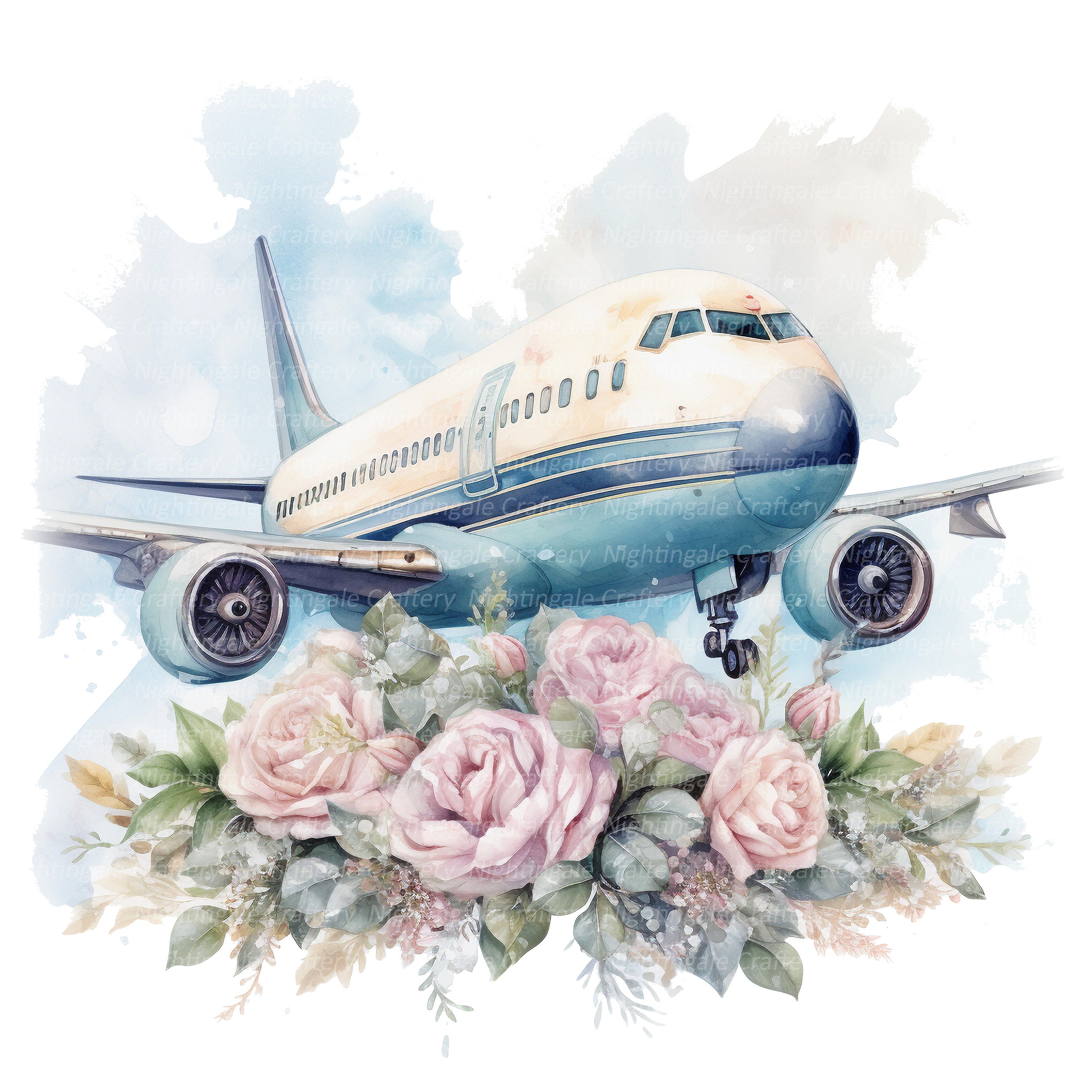 10 Floral Plane Clipart, Vintage Plane, Printable Watercolor Clipart ...