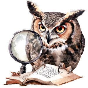 10 Owl With Magnifying Glass Clipart, Digital Clipart, Watercolor ...