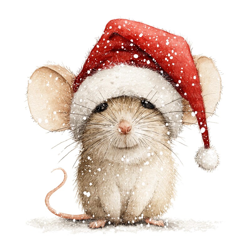 10 Christmas Mouse Santa Hat Clipart, Printable Watercolor Clipart ...
