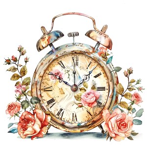 12 Vintage Alarm Clock Clipart, Floral Clock, Printable Watercolor ...