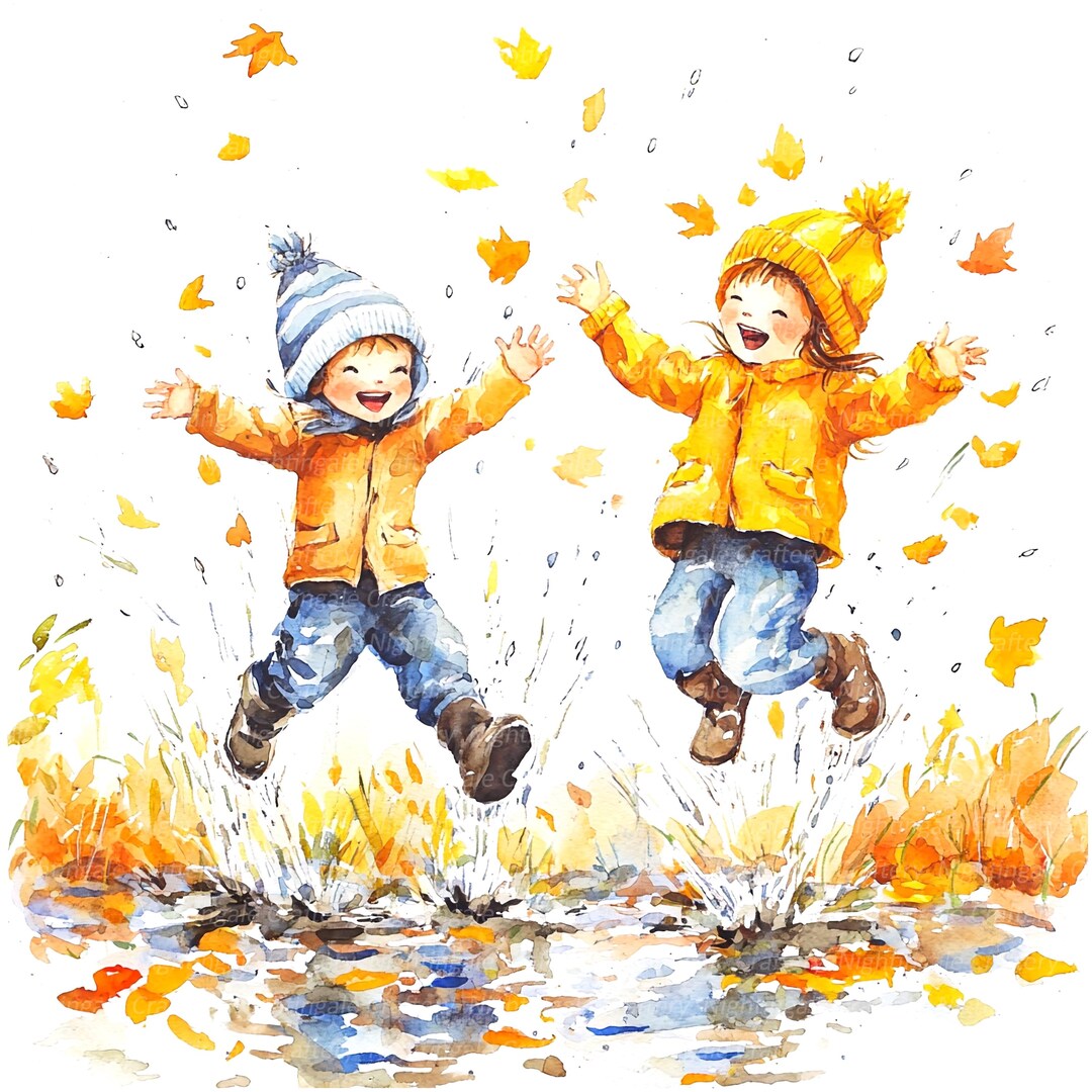 9 Kids in Autumn Clipart, Rain Puddles Clipart, Printable Watercolor ...
