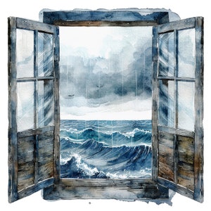 12 Window With Storm View Clipart, Window to Sea Clipart, Printable ...