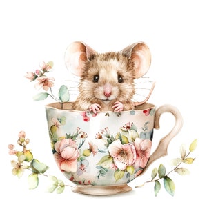8 Mouse and Teacup Clipart, Tea Cup Clipart, Printable Watercolor ...