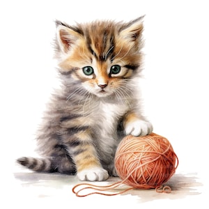 14 Kitten Playing Clipart, Kitten Yarn Balls, Printable Watercolor ...