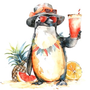 12 Hawaiian Penguin Clipart, Penguin in Beach, Printable Watercolor ...