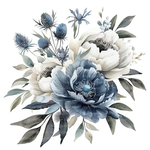10 Blue Peonies Bouquet Clipart, Peonies Print, Printable Watercolor ...