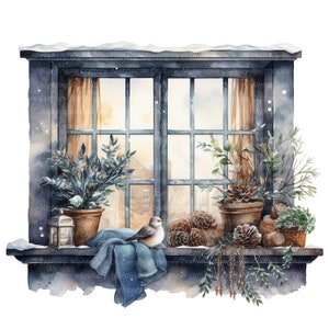 12 Snowy Christmas Window Clipart, Winter Windowsill, Printable ...