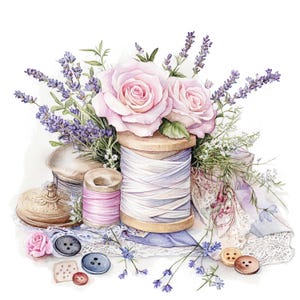 14 Vintage Spools of Thread Clipart, Floral Sewing Kit, Printable ...