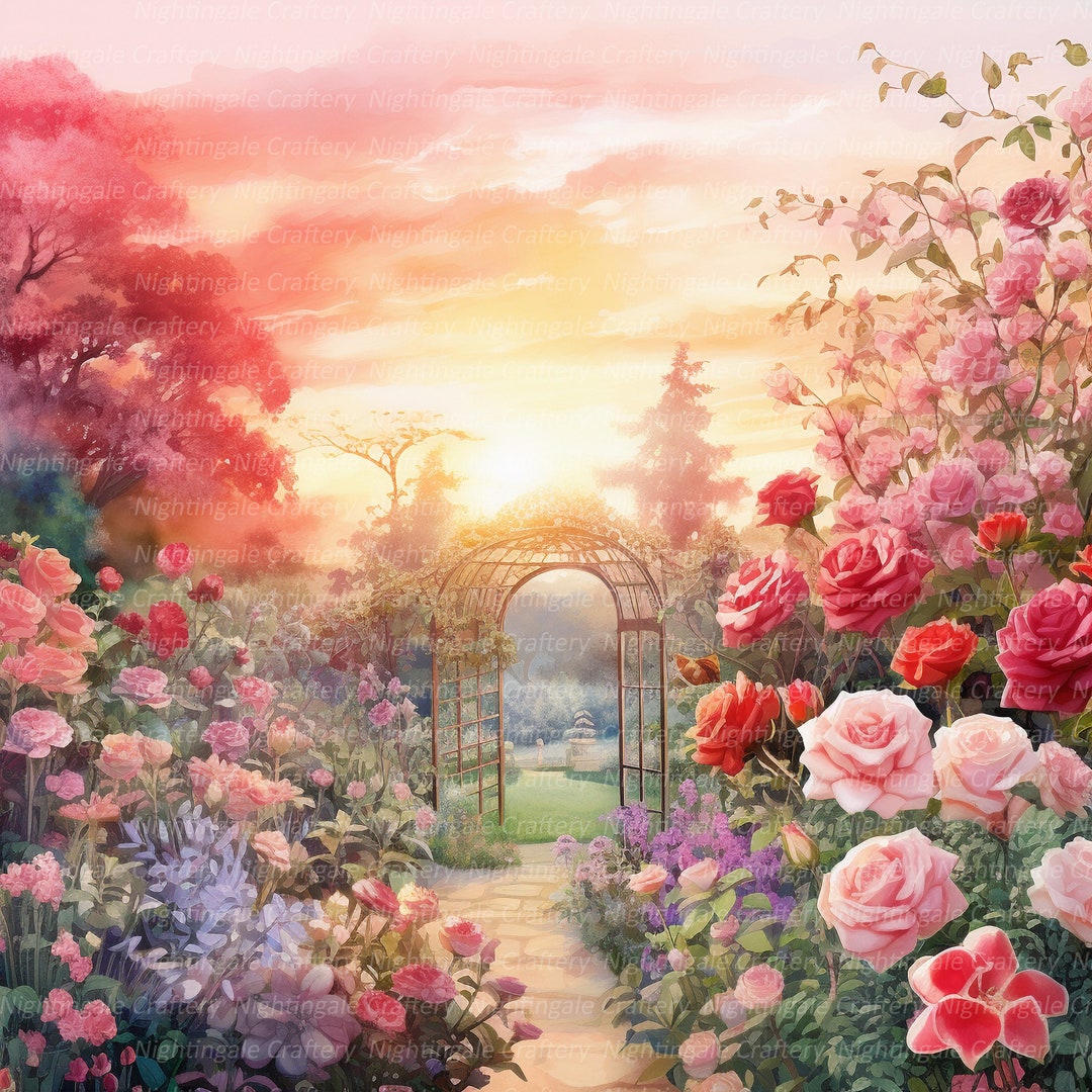 10 Rose Garden Clipart, Sunset Over Garden, Printable Watercolor ...
