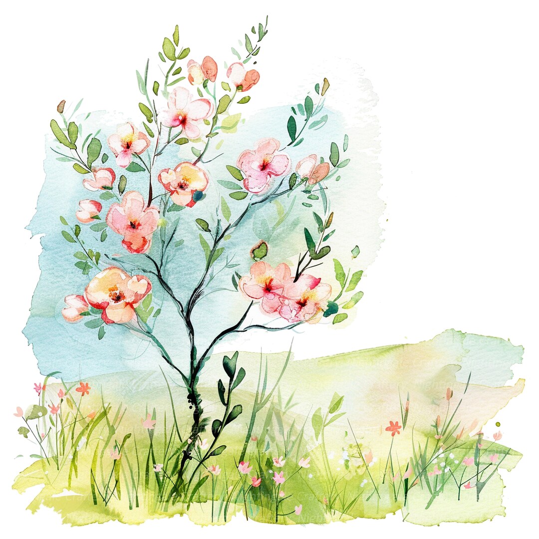 10 Spring Landscape Clipart, Spring Flowers, Printable Watercolor ...