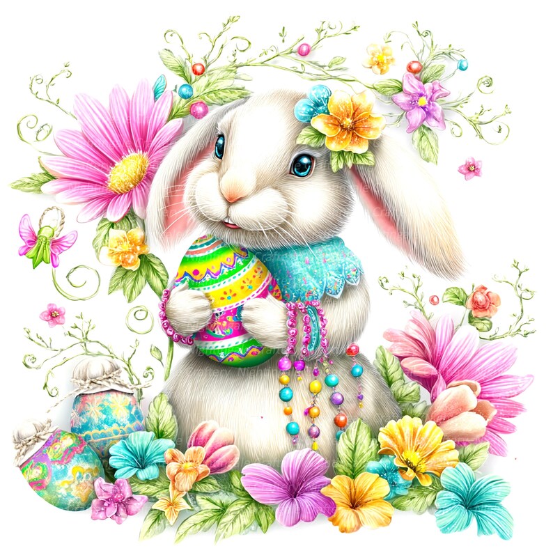 10 Floral Bunny Clipart, Easter Clipart, Printable Illustration Clipart ...
