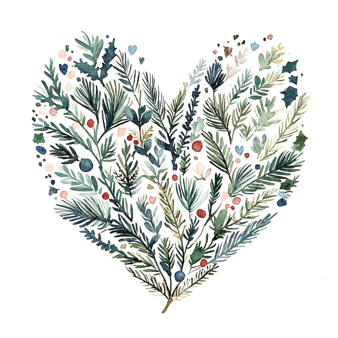 14 Christmas Decor Clipart, Floral Heart, Printable Watercolor Clipart ...