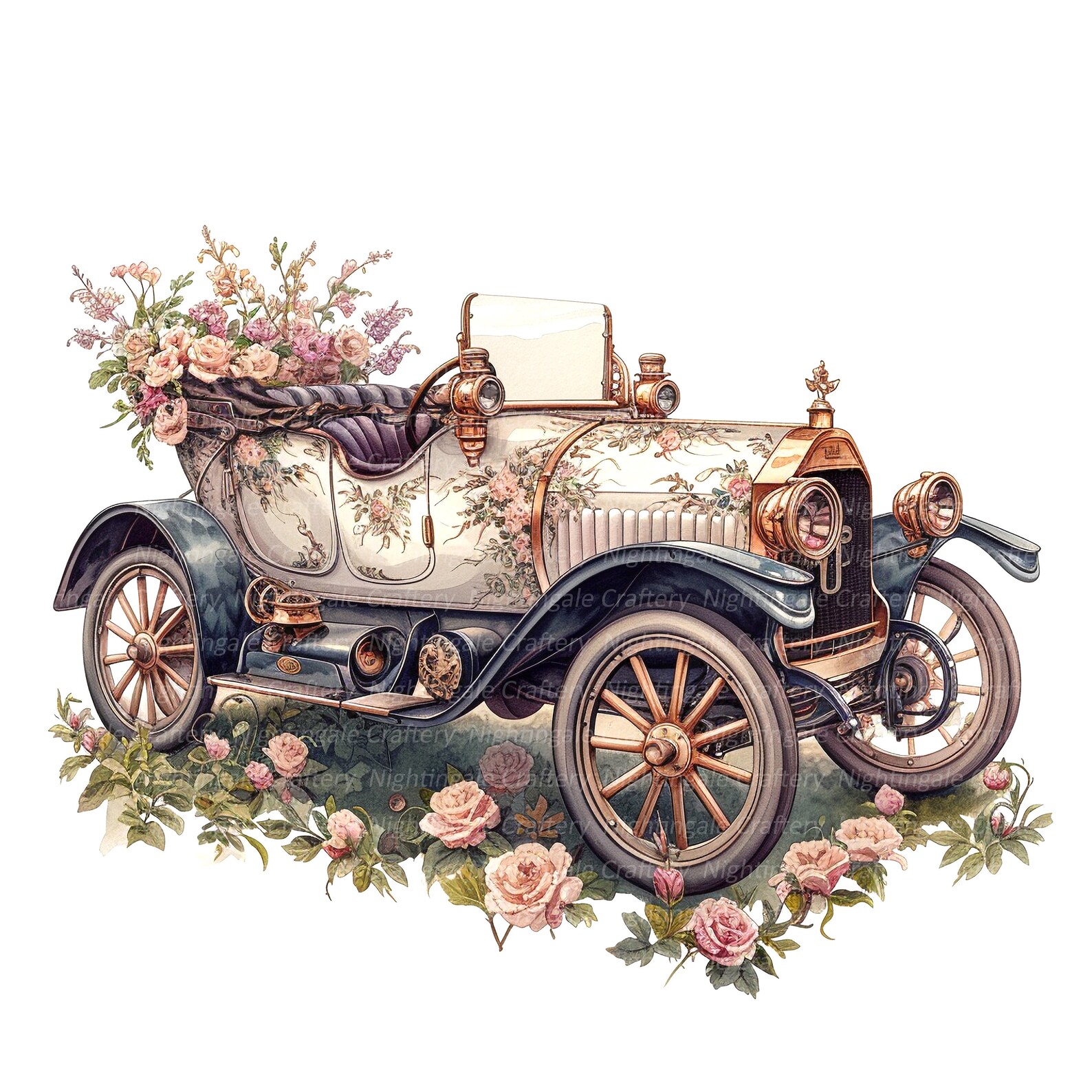12 Victorian Car Clipart, Floral Car, Vintage, Printable Watercolor ...
