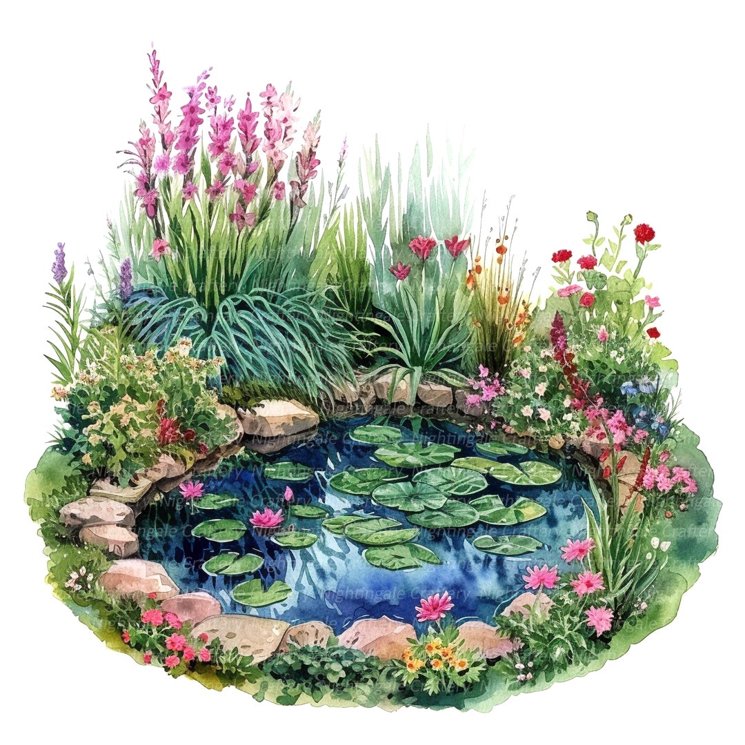 14 Garden With Pond Clipart, Garden Clipart, Printable Watercolor ...