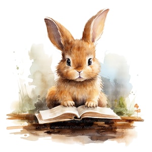 12 Bunny Reading Book Clipart, Bunny Clipart, Printable Watercolor ...