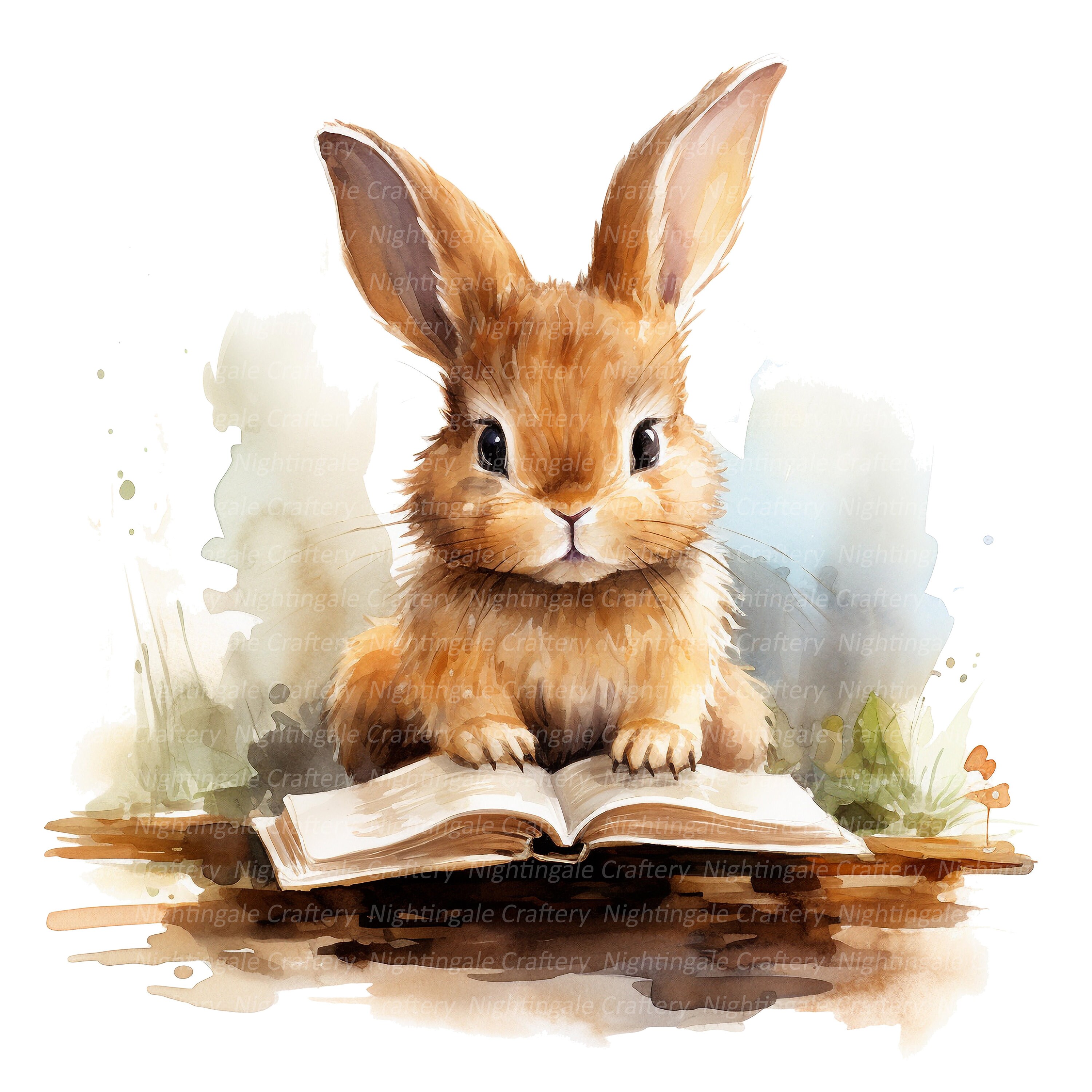 12 Bunny Reading Book Clipart, Bunny Clipart, Printable Watercolor ...