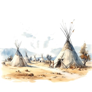 12 Native American Indian Village Camp Clipart, Printable Watercolor ...