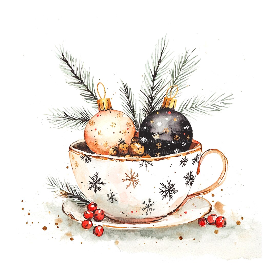 10 Christmas Tea Cup Clipart, Christmas Card, Printable Watercolor ...