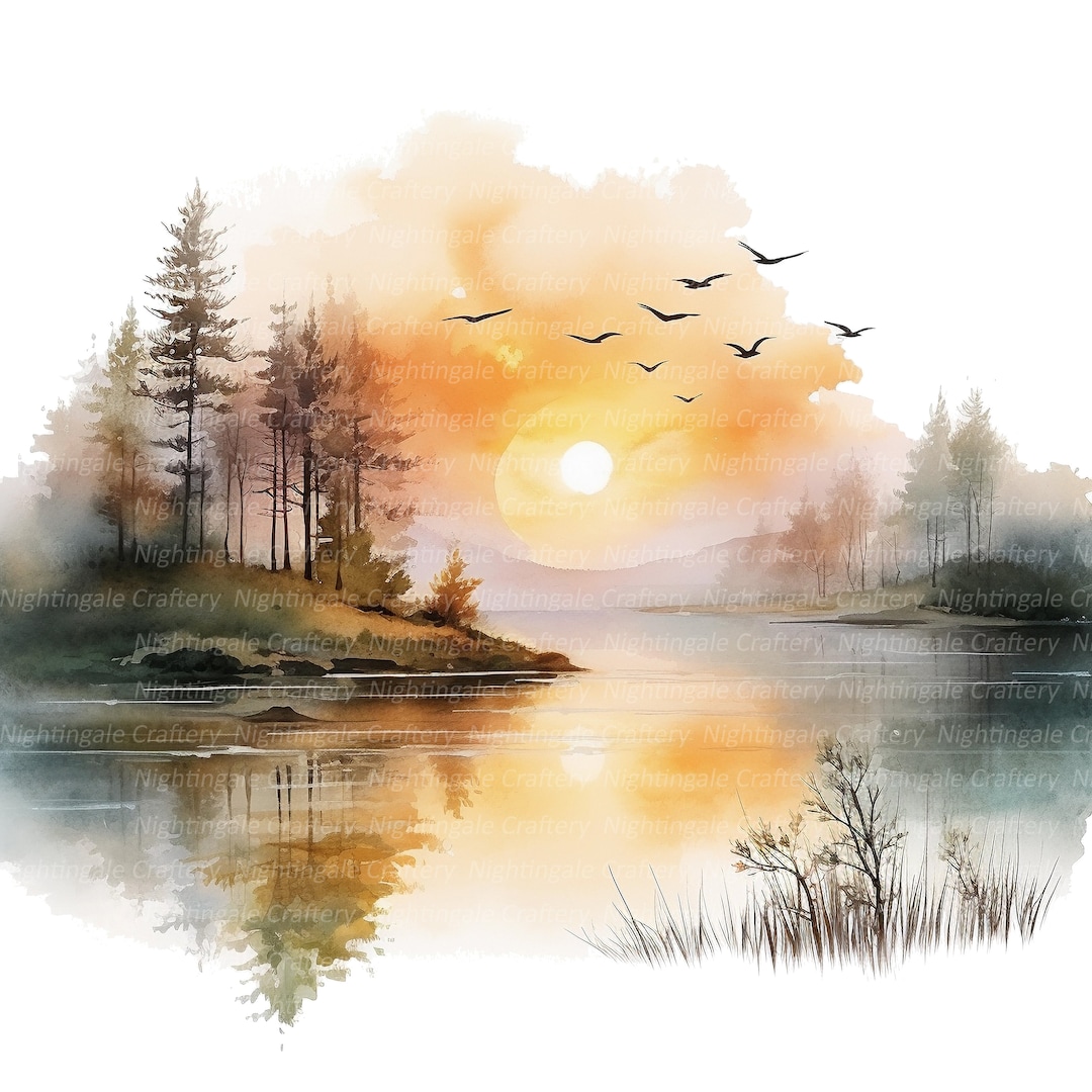 16 Lake Landscape Clipart, Lake Sunrise, Printable Watercolor Clipart ...