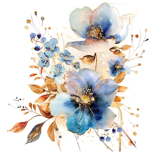 8 Abstract Flowers Clipart, Golden Blue Print, Printable Watercolor ...