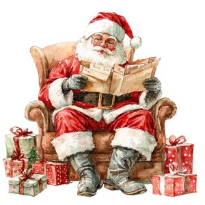 9 Christmas Santa Reading Letter Clipart, Printable Watercolor Clipart ...
