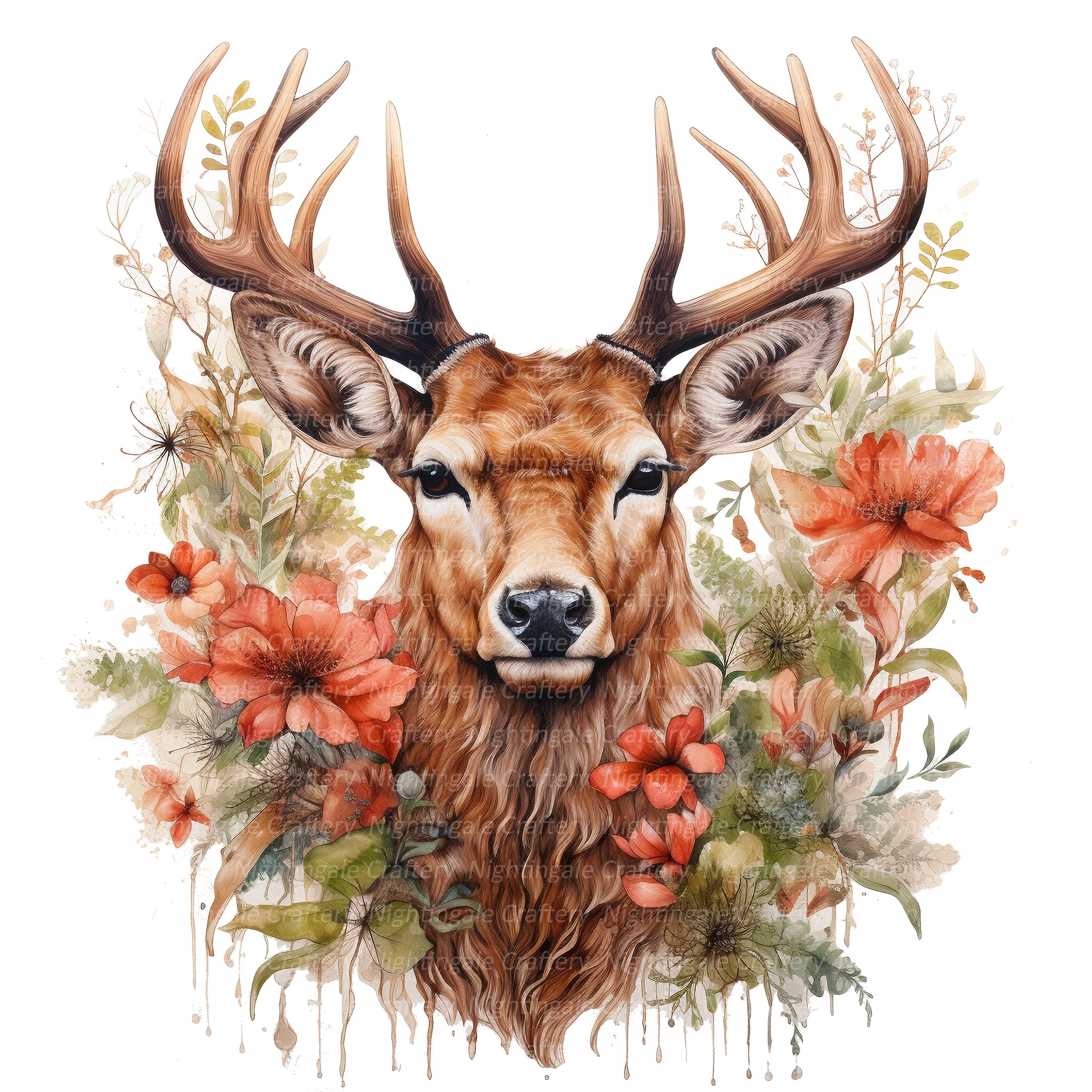 12 Floral Red Deer Clipart, Printable Watercolor Clipart, High Quality ...
