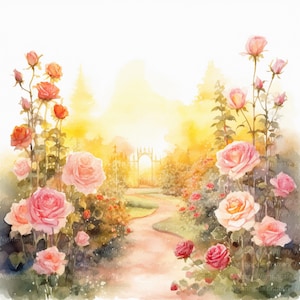 10 Rose Garden Clipart, Sunset Over Garden, Printable Watercolor ...