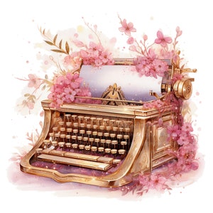 8 Pink Vintage Typewriter Clipart, Golden Pink, Printable Watercolor ...