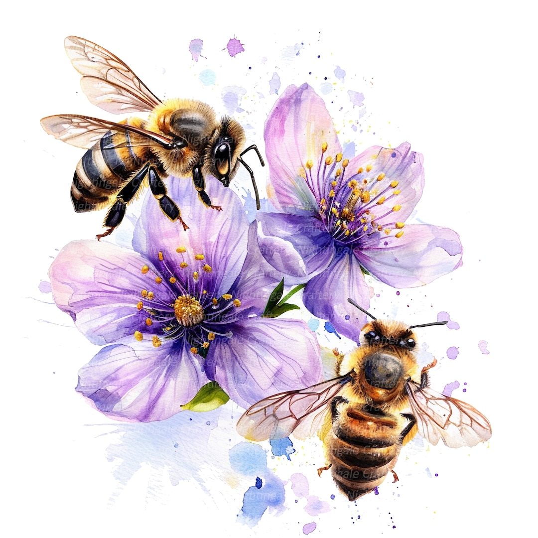 17 Bees in Flowers Clipart, Floral Bees Clipart, Printable Watercolor ...