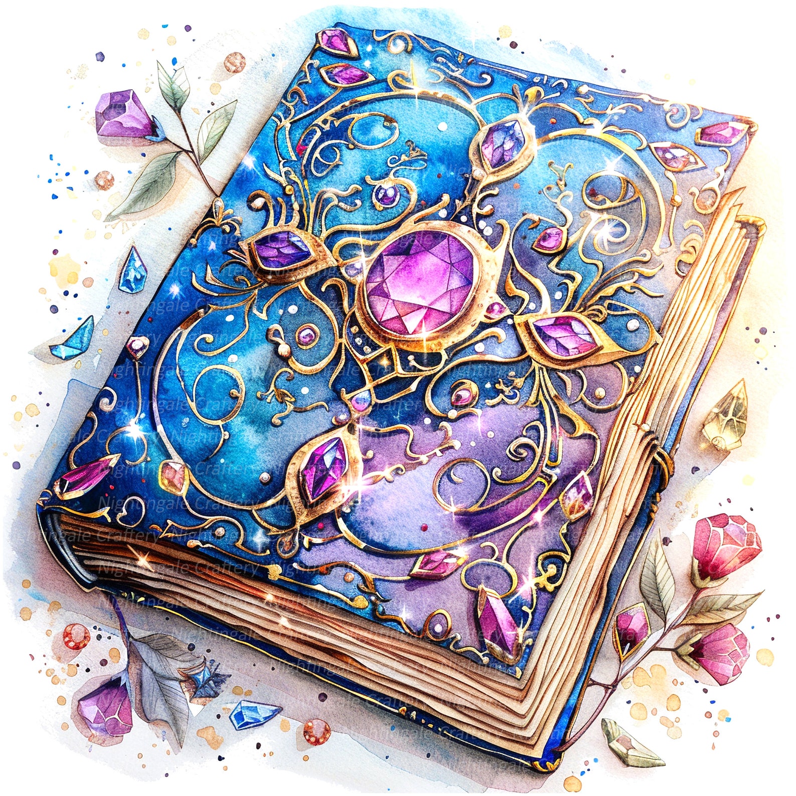 11 Jewelled Book Clipart, Magic Book Clipart, Printable Watercolor ...