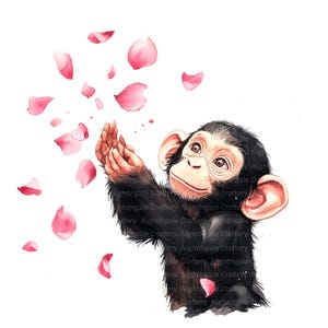 7 Romantic Chimp Clipart, Cute Chimpanzee, Printable Watercolor Clipart ...