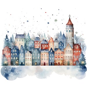 9 Christmas Card Clipart, Winter Houses Card, Printable Watercolor ...