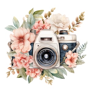10 Vintage Floral Camera Clipart, Photo Camera, Printable Watercolor ...