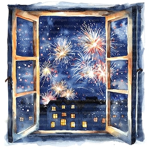 12 Window Fireworks View Clipart, Window to Fireworks, Printable ...