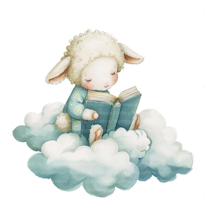 8 Lamb Reading Tale Clipart, Lamb Nursery Print, Printable Watercolor ...