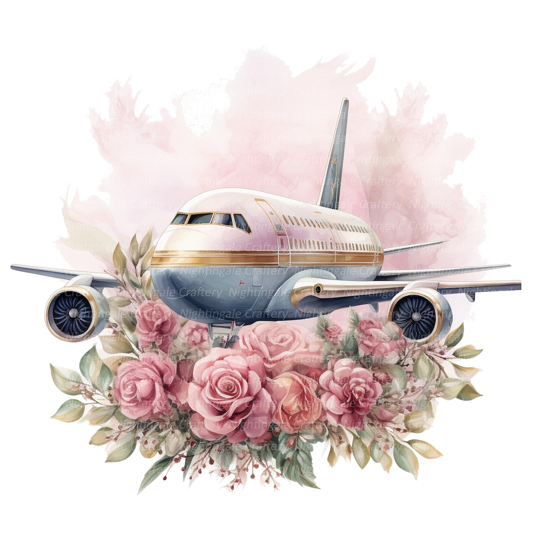 10 Floral Plane Clipart, Vintage Plane, Printable Watercolor Clipart ...