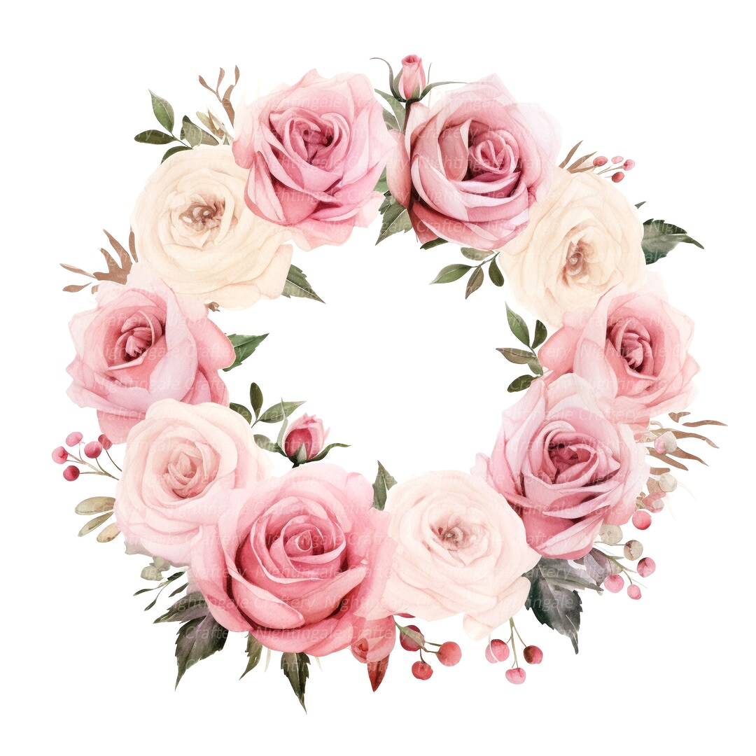 14 Roses Wreath Clipart, Pink and Golden Roses Wreath Clipart ...