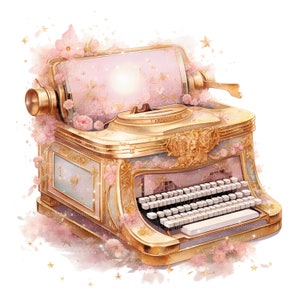 8 Pink Vintage Typewriter Clipart, Golden Pink, Printable Watercolor ...
