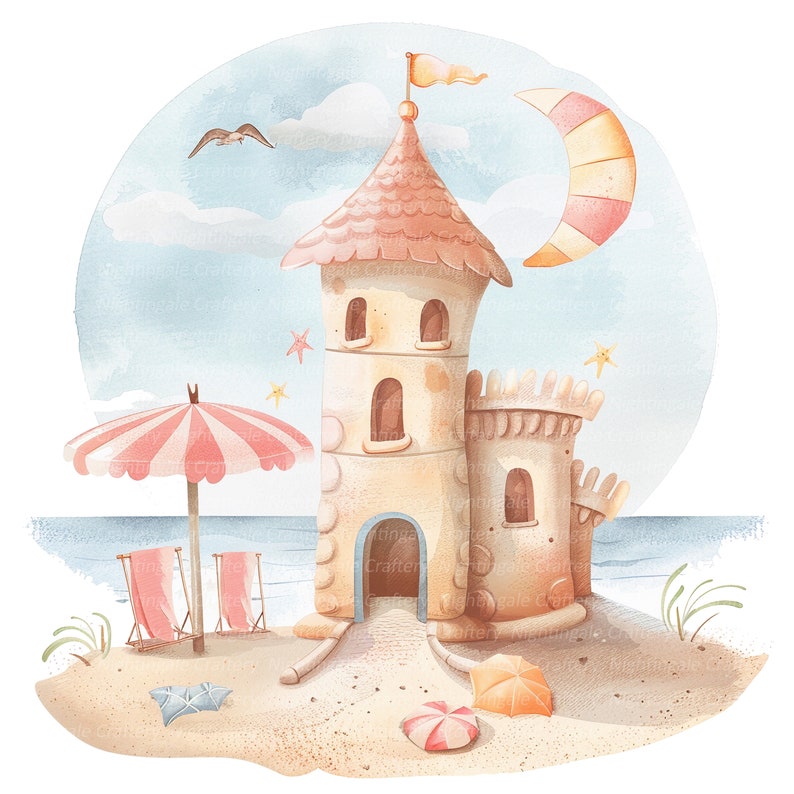 14 Beach Sandcastle Clipart, Cartoon Castle, Printable Watercolor ...
