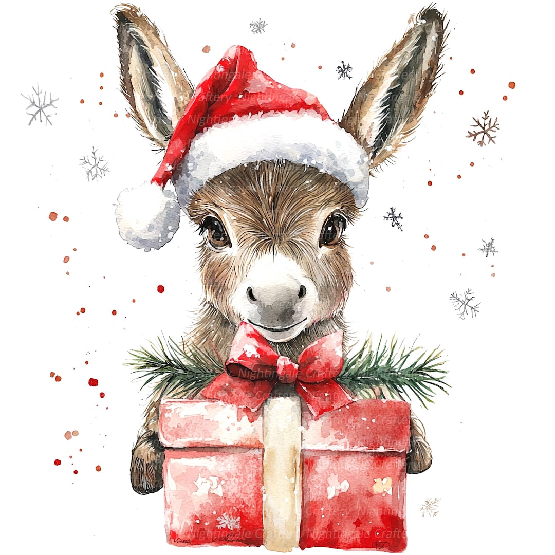 10 Christmas Donkey Clipart, Festive Donkey, Printable Watercolor ...