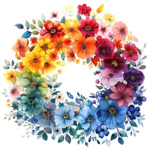 12 Floral Rainbow Clipart, Floral Wreath, Rainbow Clipart, Printable ...