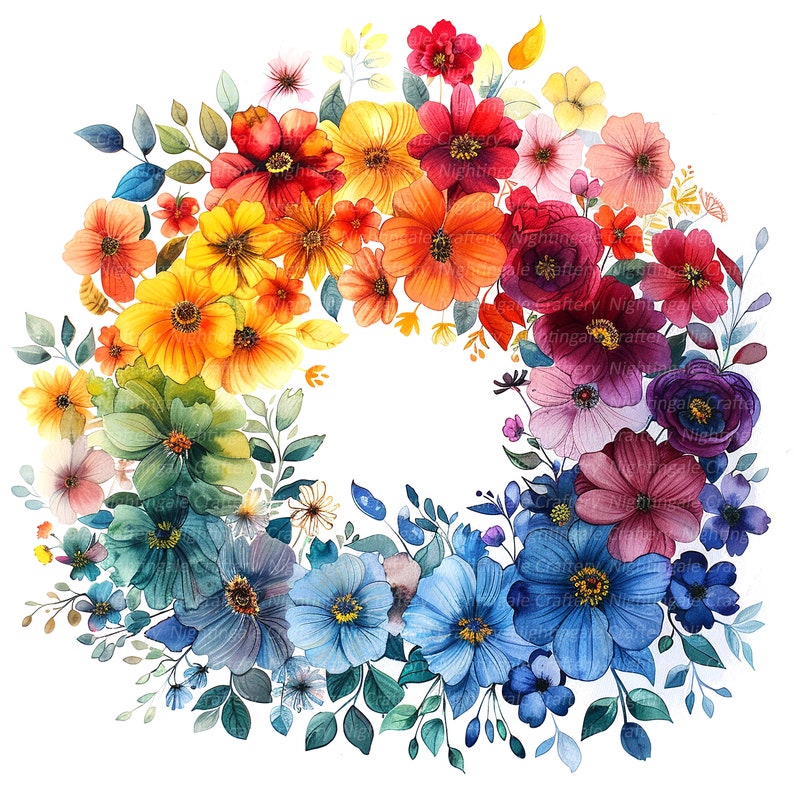 12 Floral Rainbow Clipart, Floral Wreath, Rainbow Clipart, Printable ...