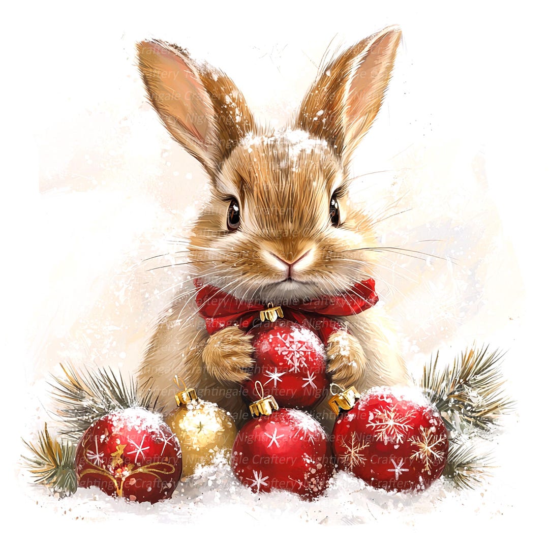 8 Christmas Bunny Clipart, Christmas Card, Printable Watercolor Clipart ...