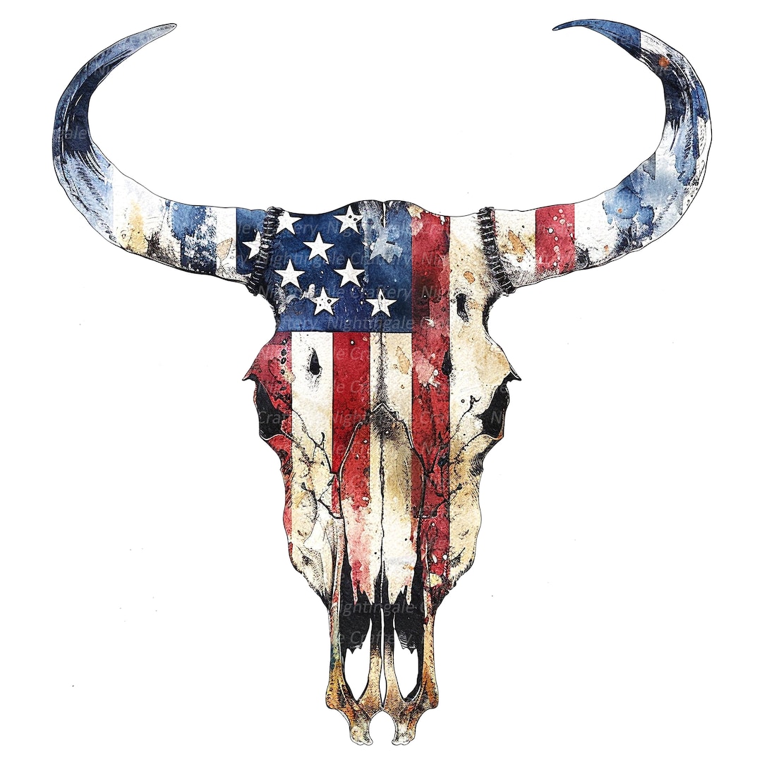11 USA Flag Cow Skull Clipart, American Flag, Printable Watercolor ...