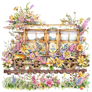 10 Floral Train Clipart, Floral Locomotive, Printable Watercolor ...