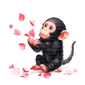 7 Romantic Chimp Clipart, Cute Chimpanzee, Printable Watercolor Clipart ...