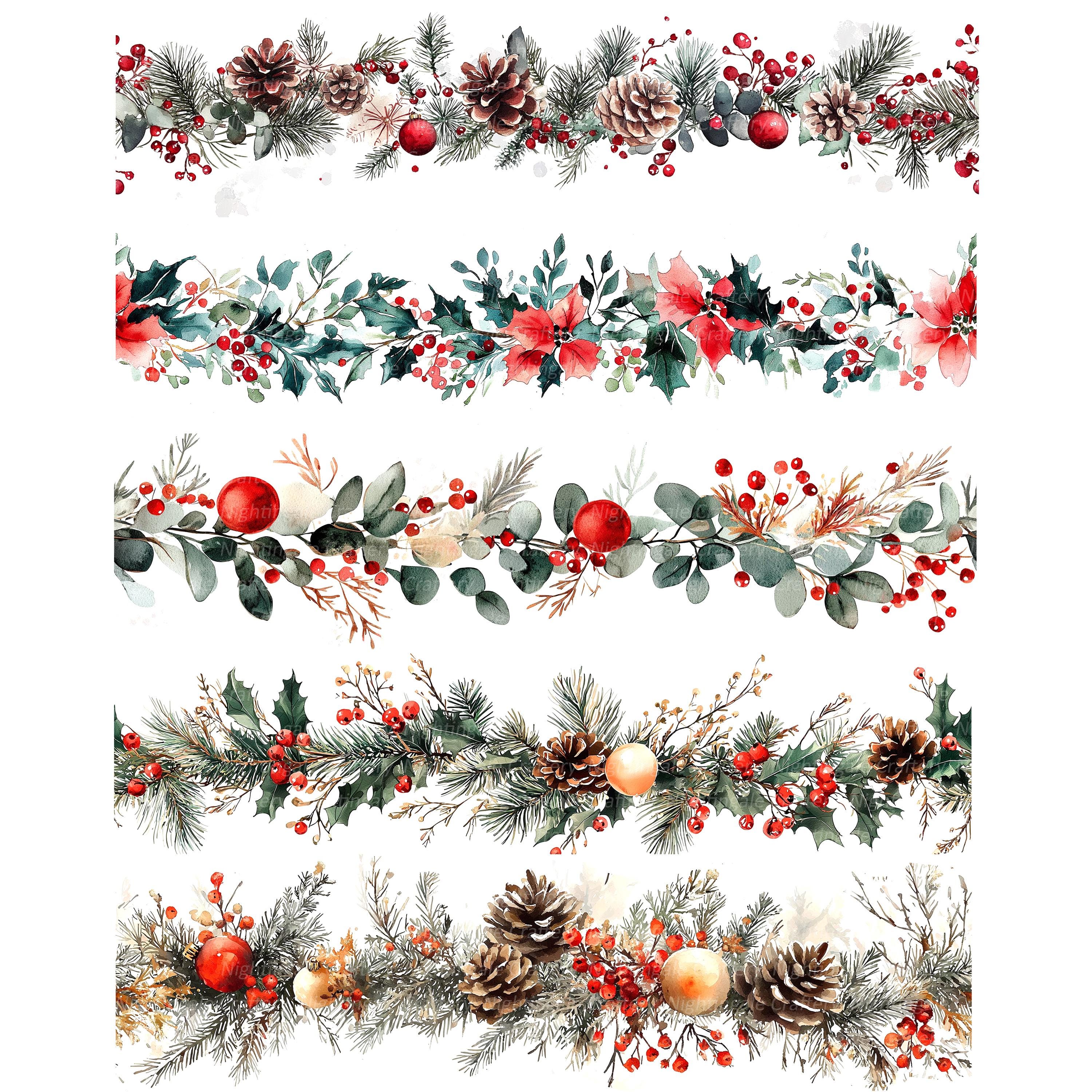 20 Christmas Garland Clipart, Seamless Border, Printable Watercolor ...