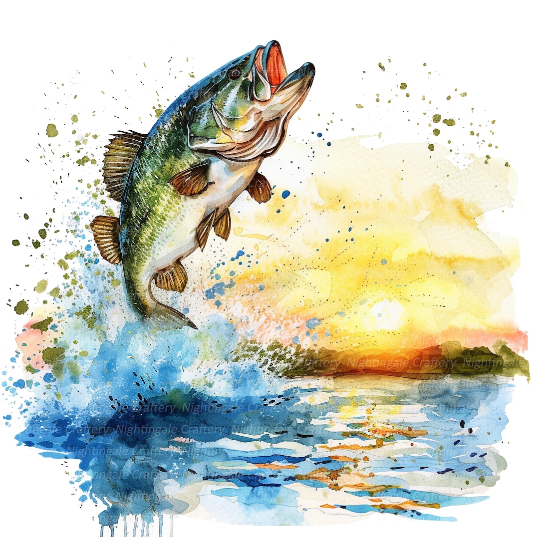 12 Jumping Bass Clipart, Fish Clipart, Bass Fish, Printable Watercolor ...