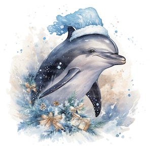 12 Christmas Dolphin Clipart, Christmas Card, Printable Watercolor ...